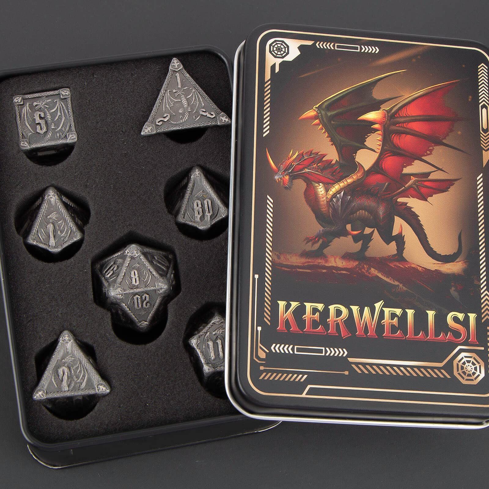 KERWELLSI Metal DND Dice Set, D&D Dice Set, 7 Piece Dungeons and Dragons Dice, D and D Dice, Role Playing Dice with Box, RPG Polyhedral Dice Set D20 D12 D10 D8 D6 D4 Purple
