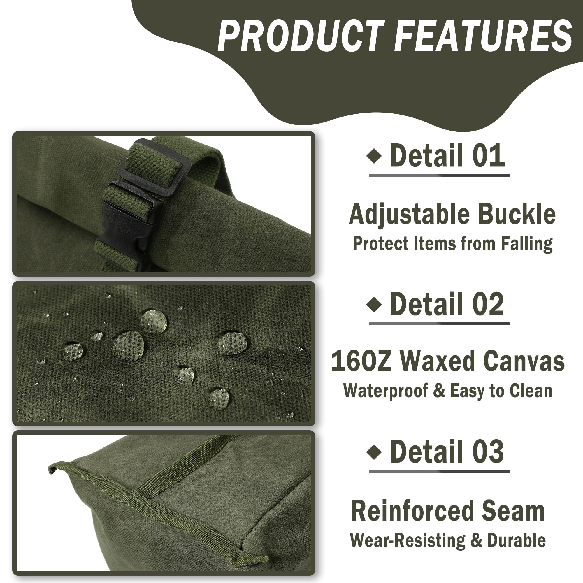 Kaaltisy Heavy Duty Lunch Bags Waxed Canvas Roll-top Lunch Boxes Waterproof Reusable Lunch Bag with Adjustable Buckle, Green, Hard Handfeel