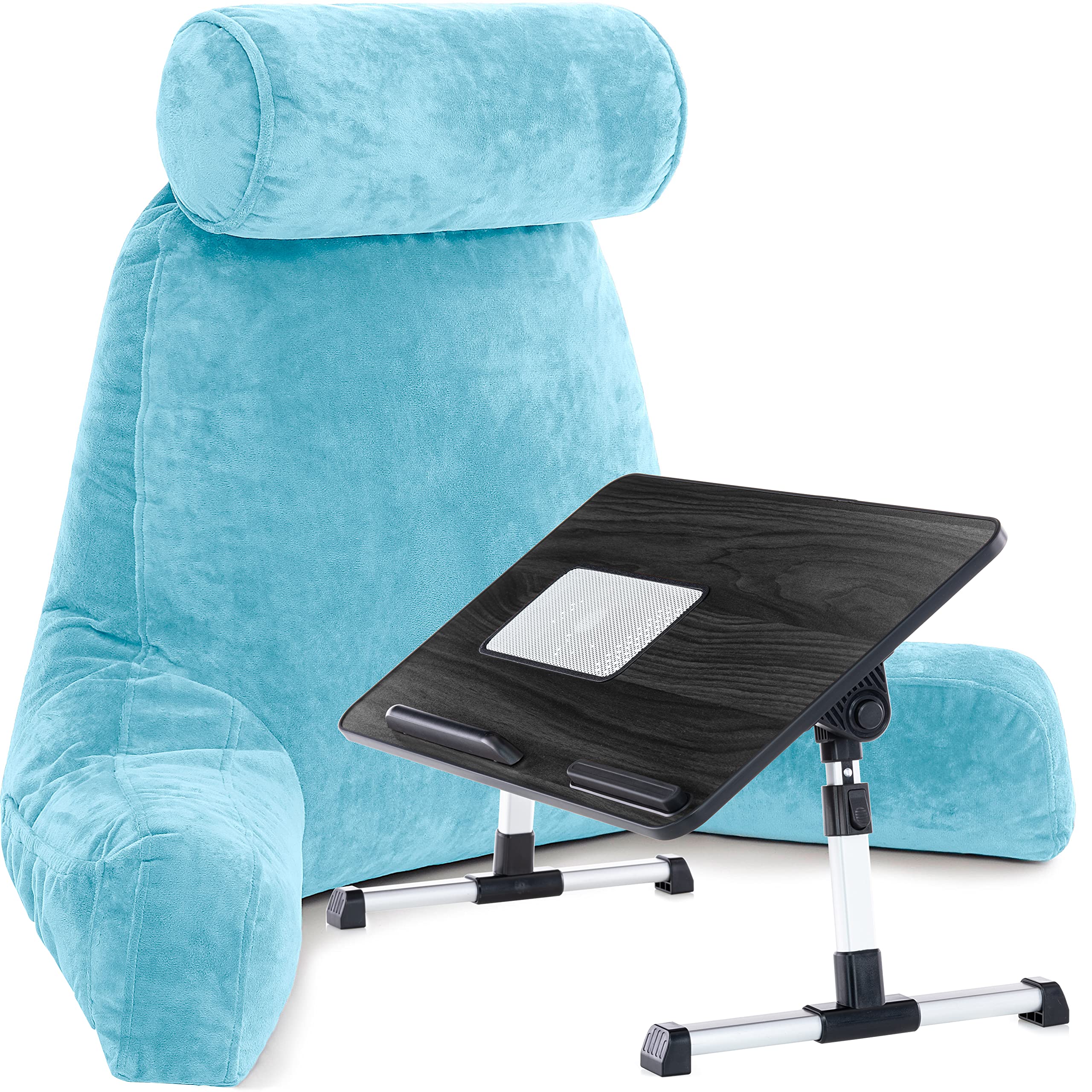 Husband Pillow Combo - Backrest Pillow with Arms : XXL Teal & Lap Desk Bed Tray : Grey - Memory Foam Reading Pillows for Bed w/Removable Neck Roll & Laptop Bed Tray Table