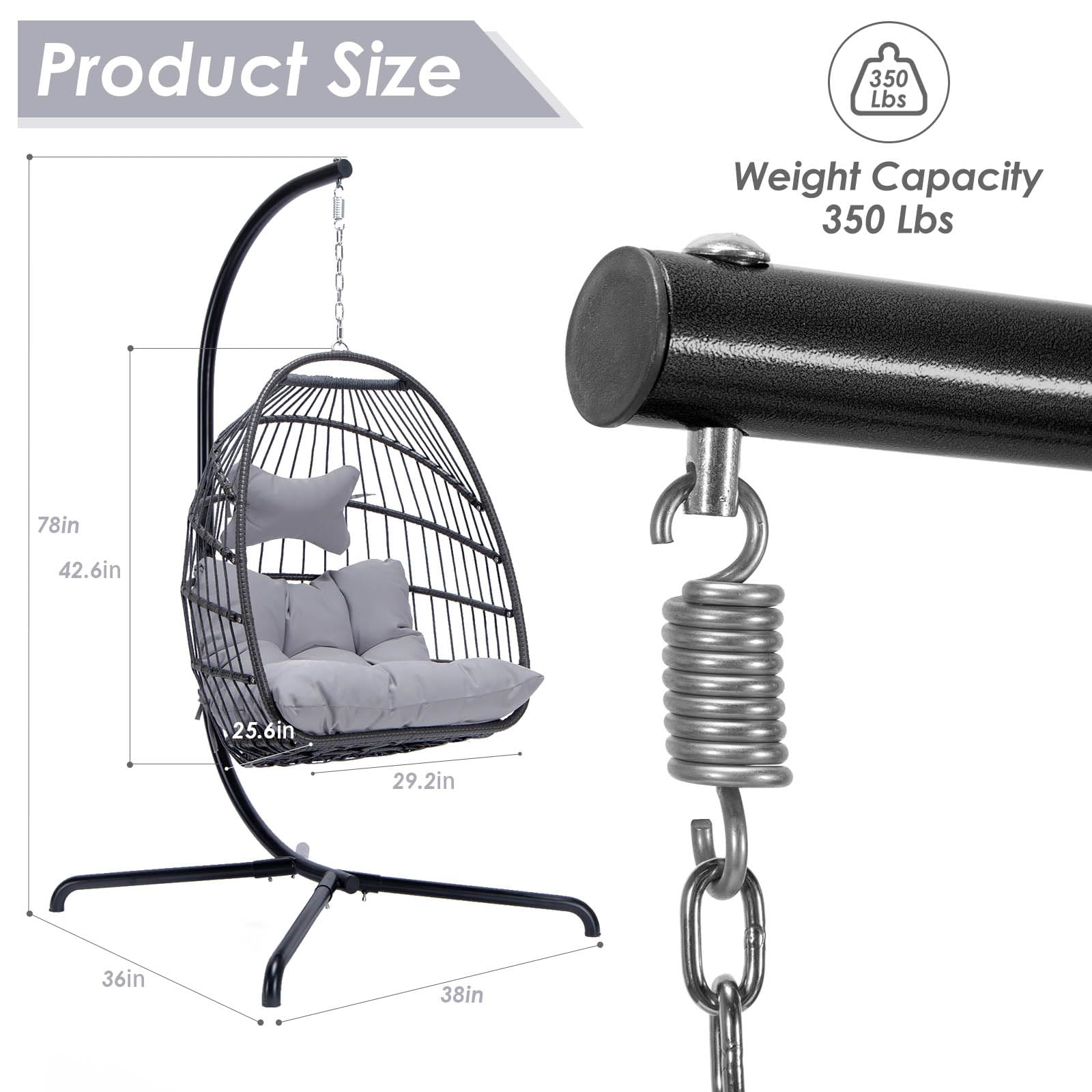 NICESOUL® Indoor Outdoor Patio Wicker Hanging Egg Chair Swing Hammock Egg Chairs UV Resistant Cushions 350lbs Capaticy for Patio Bedroom Balcony (Grey)