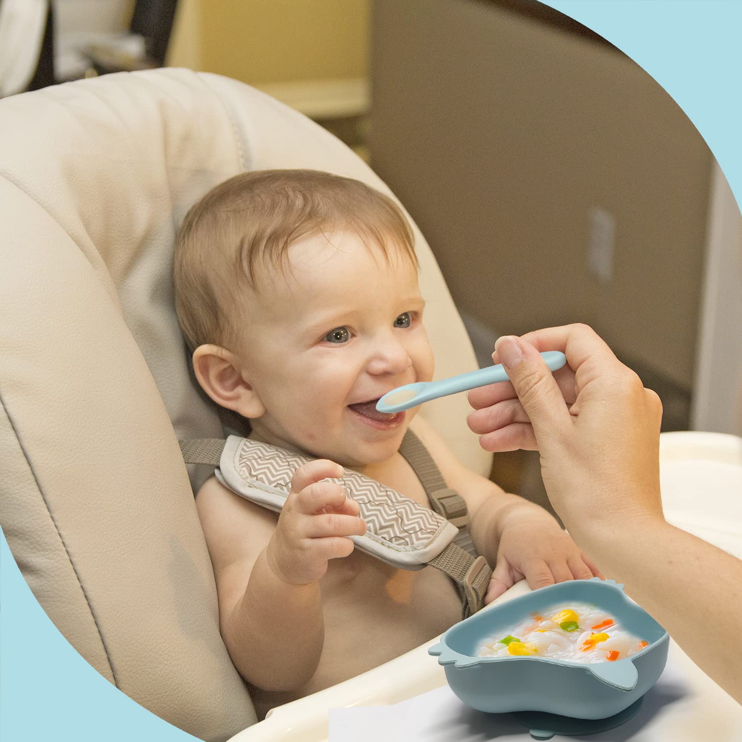 Langmeil 8 Pcs Silicone Baby Feeding Set, Baby Led Weaning Supplies, Cute Squirrel, Silicone Suction Bowl Divided Plate Adjustable Bib Soft Silicone Spoon Fork Cup, Baby Self Feeding Utensils(Blue)