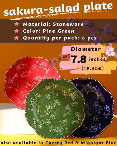 KUNABOO Artisanal Small Ceramic Plates, Salad Plates, Dessert Plates Ceramic Plates Set of 6-7.8” - Sakura Floral Series Pine Green - Ready to Wrap Gift