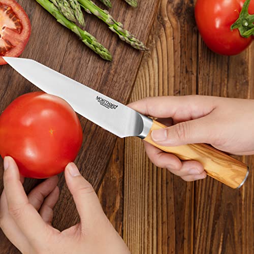 MOKITHAND Paring Knife 5 Inch Small Kitchen Knife, Professional Peeling Knife for Cutting Fruit Vegetables Meat, Forged German Steel Sharp Utility Knife with Sheath, Olive Wood Handle and Gift Box