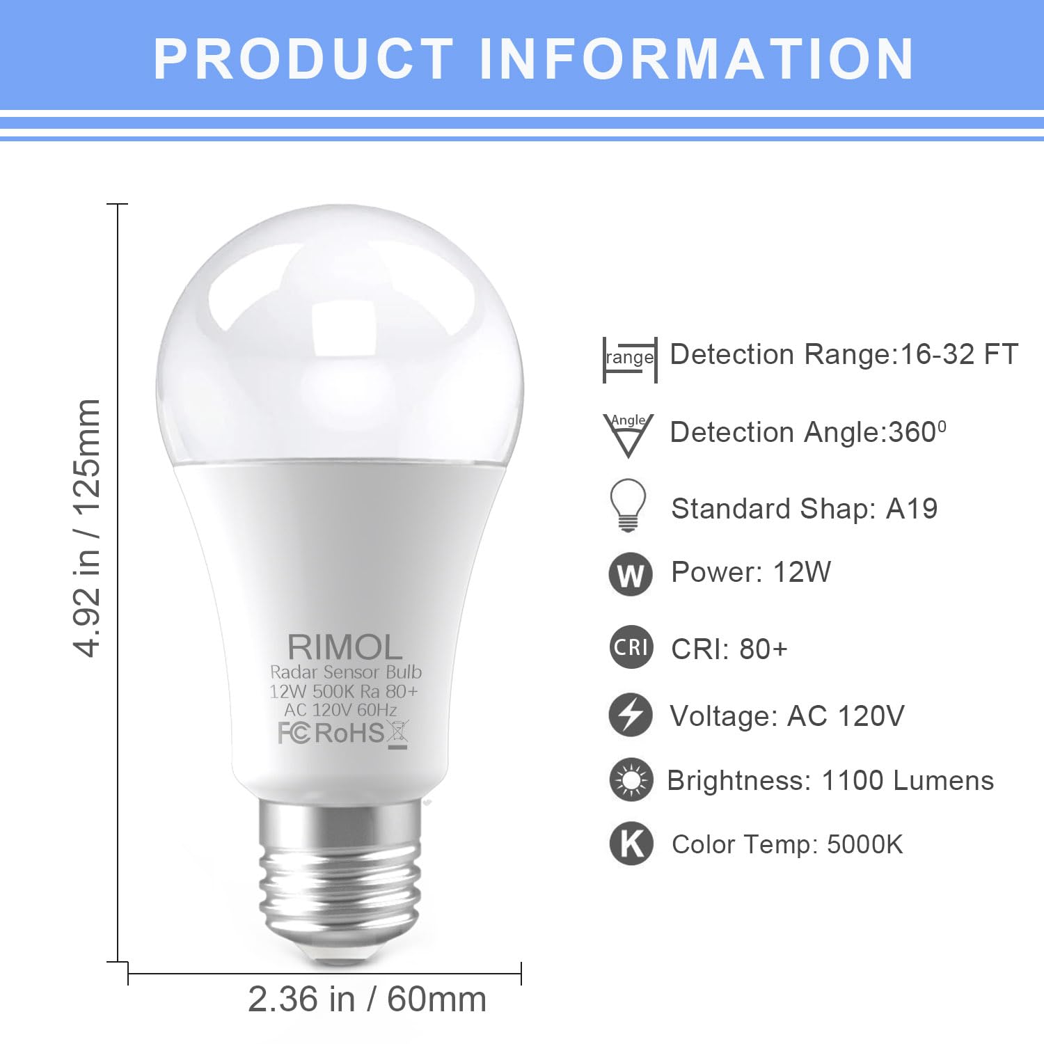 RIMOL Radar Motion Sensor Outdoor Light Bulb, 12 Watts (100 Watt Equivalent) A19 Daylight LED Bulbs Motion Detector Light Bulbs for Outside, Porch, Garage, E26 Base, 2 Pack