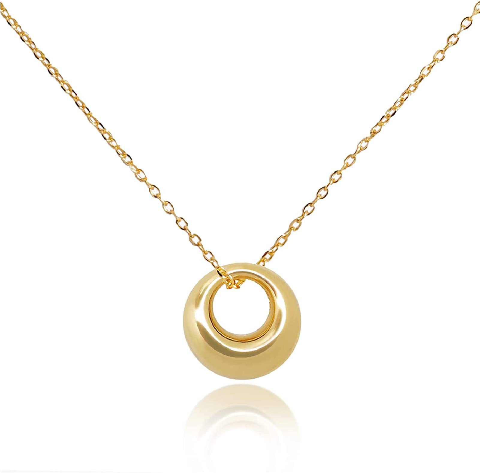 Little Ashley Jewelry 925 Sterling Silver 18k Gold Plated Simple Circle Pendent Necklace, Sterling Silver Pendant Necklace for Women Teen Girls Jewelry Gifts Adjustable 16-18 inches Link Chain (Gold)