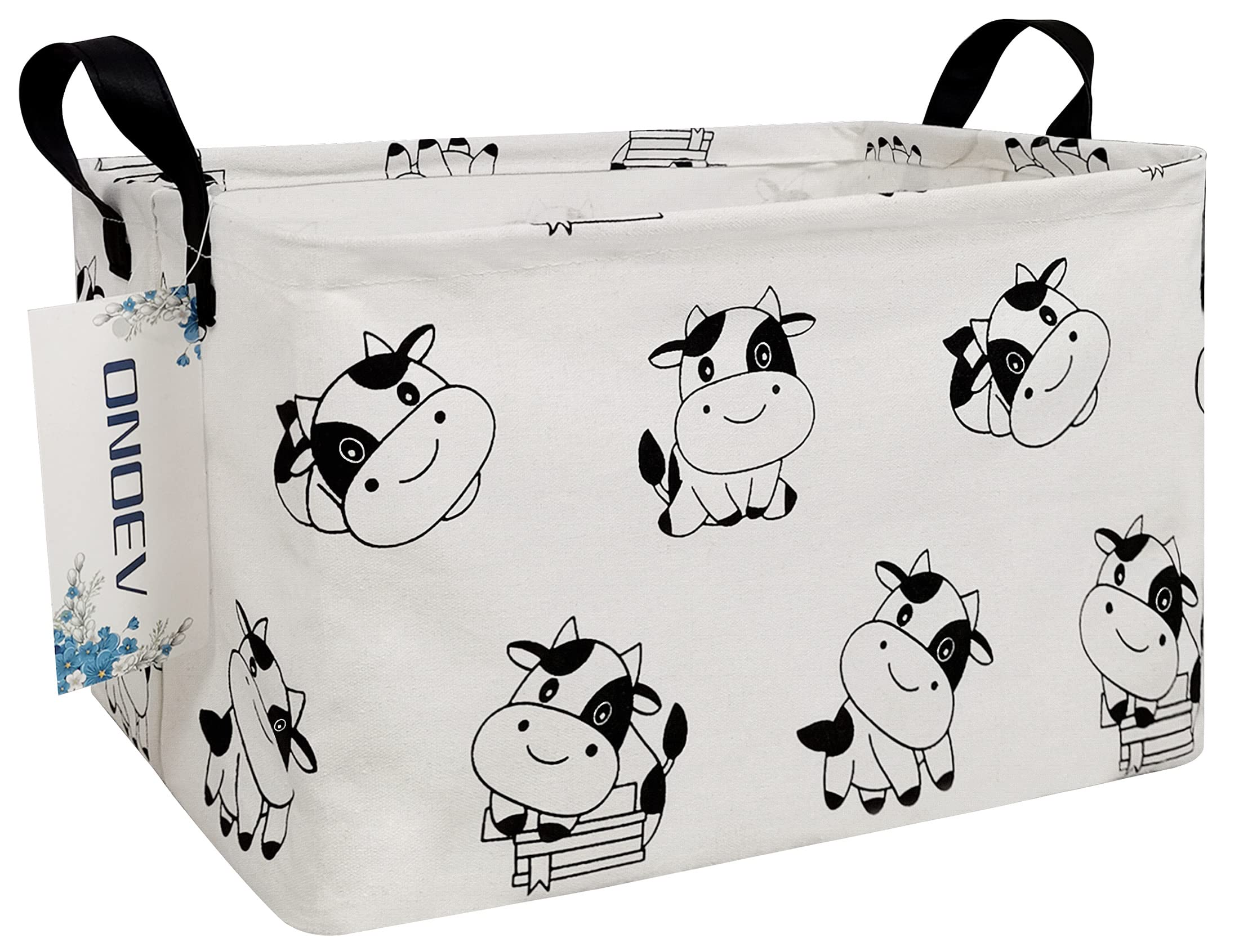 ONOEV Rectangular Folding Laundry Basket,Canvas Basket,Nersury Hamper,Suitable for Children,Office,Bedroom,Clothes,Toys Storage (REC Cow), 14.9’’L ×10.2’’W×9.05’’H inches