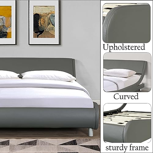 Queen Size Leather Upholstered Platform Bed Frame with Comfortable Headboard and Footboard, Modern Curve Design Platform Bed with Sturdy Bed Frame/Wood Slats Support/Easy Assemble for Bedroom (Grey)