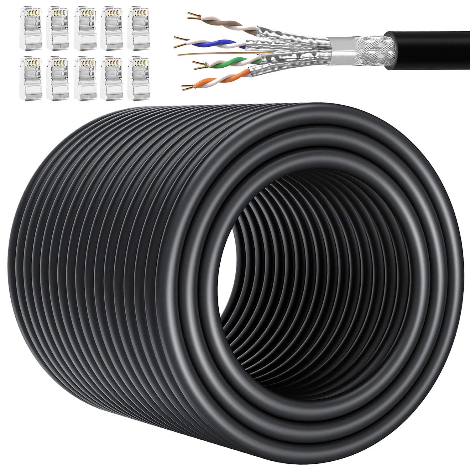 MEIPEK Cat 7 Outdoor Ethernet Cable 328ft,10 RJ45 Connectors, SFTP Triple Shielded, 24 AWG, High Speed, LLDPE, Waterproof, Direct Burial, In-Ground, UV Resistant, Network, LAN, Internet, Cat 7 300+ft