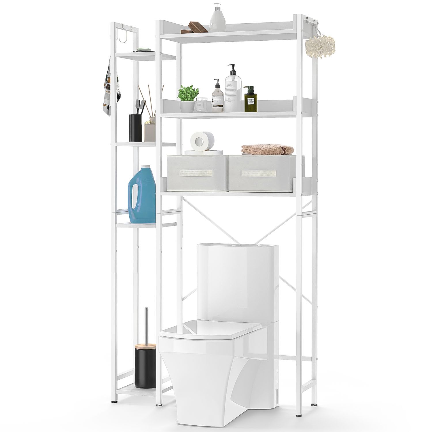 LWADALN Over The Toilet Storage Shelf, 7-Tier Bathroom Organizer Shelf, Freestanding Space Saver Storage Shelf with Two Fabric Drawers & Adjustable Feet, Toilet Rack for Bathroom, Restroom, Laundry