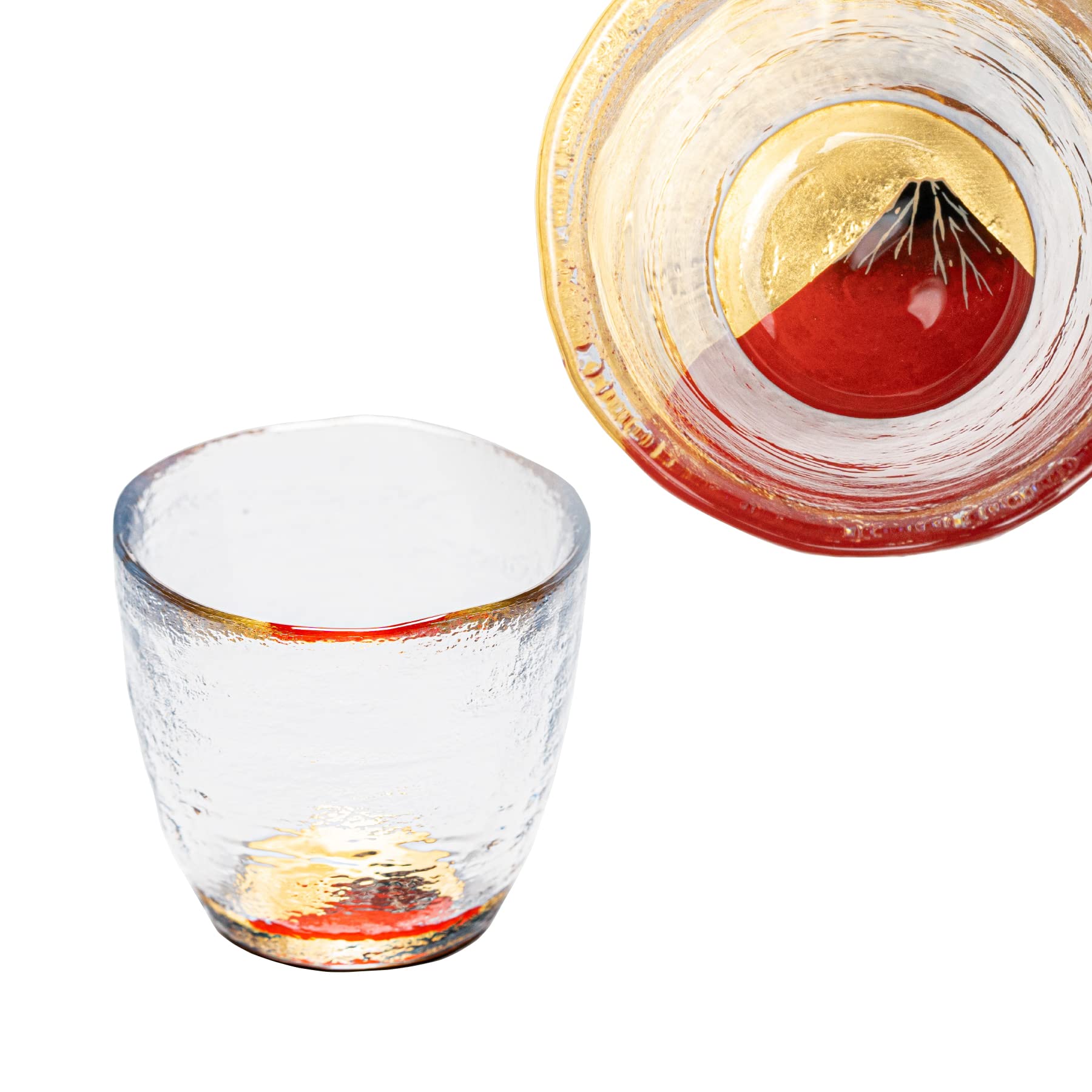 Kasyou Studio Kasyou Maki-e Glass sake cup, Red Fuji (Kanazawa Gold Foil, Gift Box), Made in Japan, japanese sake cup shot glass whiskey glass soju glass luxury cup golden cups glasses