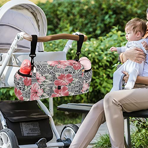 Kigai Hibiscus and Hawaiian Tribal Baby Stroller Organizer with Cup Holders, Secure Hooks Accessories Adjustable Strap Stroller Bag for Bottle, Diaper, Phone, Toys, Baby Items