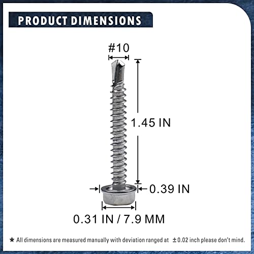 MateOne #10 1-1/2" 410 Stainless Steel Hex Washer Head Self Tapping Screws, 410 Stainless Steel Self Drilling Tek Screws Sheet Metal Screws -50pcs