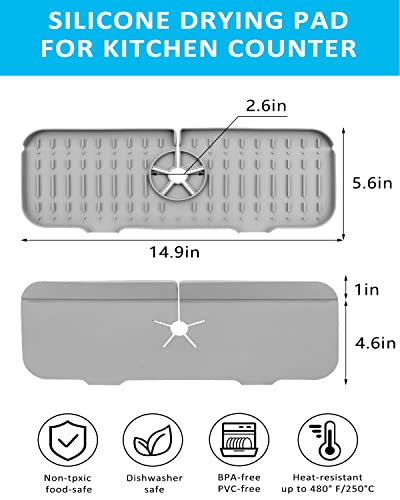 Large Silicone Dish Drying Mat with Faucet Mat - 20" x 16" - Dish Drying Mat, Dish Drainer Mat for Kitchen Counter, Heat Resistant Hot Pot Pad, Non-Slip Sink Mat, BPA Free, Dish Washer Safe(Grey)