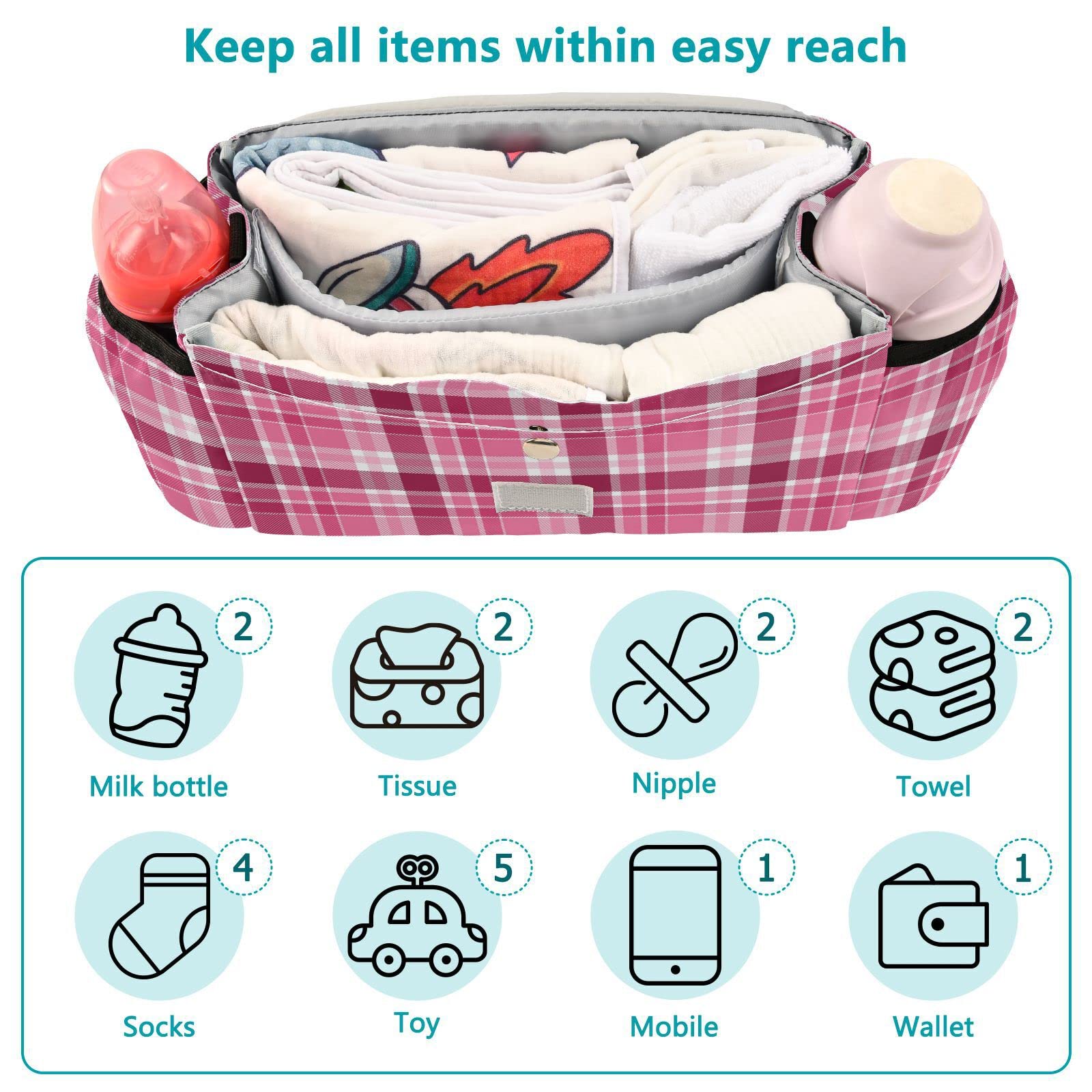 Kigai Pink Buffalo Plaid Baby Stroller Organizer with Cup Holders, Secure Hooks Accessories Adjustable Strap Stroller Bag for Bottle, Diaper, Phone, Toys, Baby Items