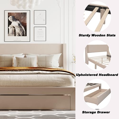 Queen Size Velvet Platform Bed Frame with Headboard, Upholstered Platform Bed Frame with Storage Drawer, No Box Spring Needed, Sturdy Wood Slat Support for Bedroom Boys Girls Teens Room (Queen, Beige)