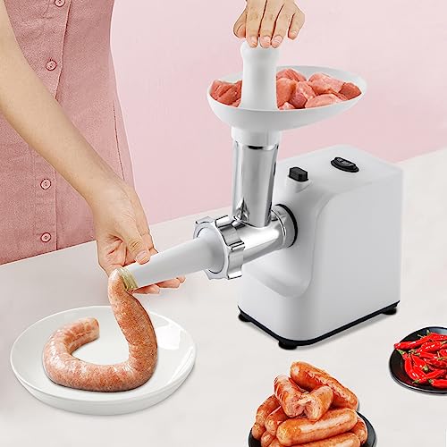 Meat Grinder, 1000W Stainless Steel Sausage Maker with 3 Plates, Sausage Stuffer Tube and Food Pusher, Meat Grinder Electric, for Home & Kitchen (White)