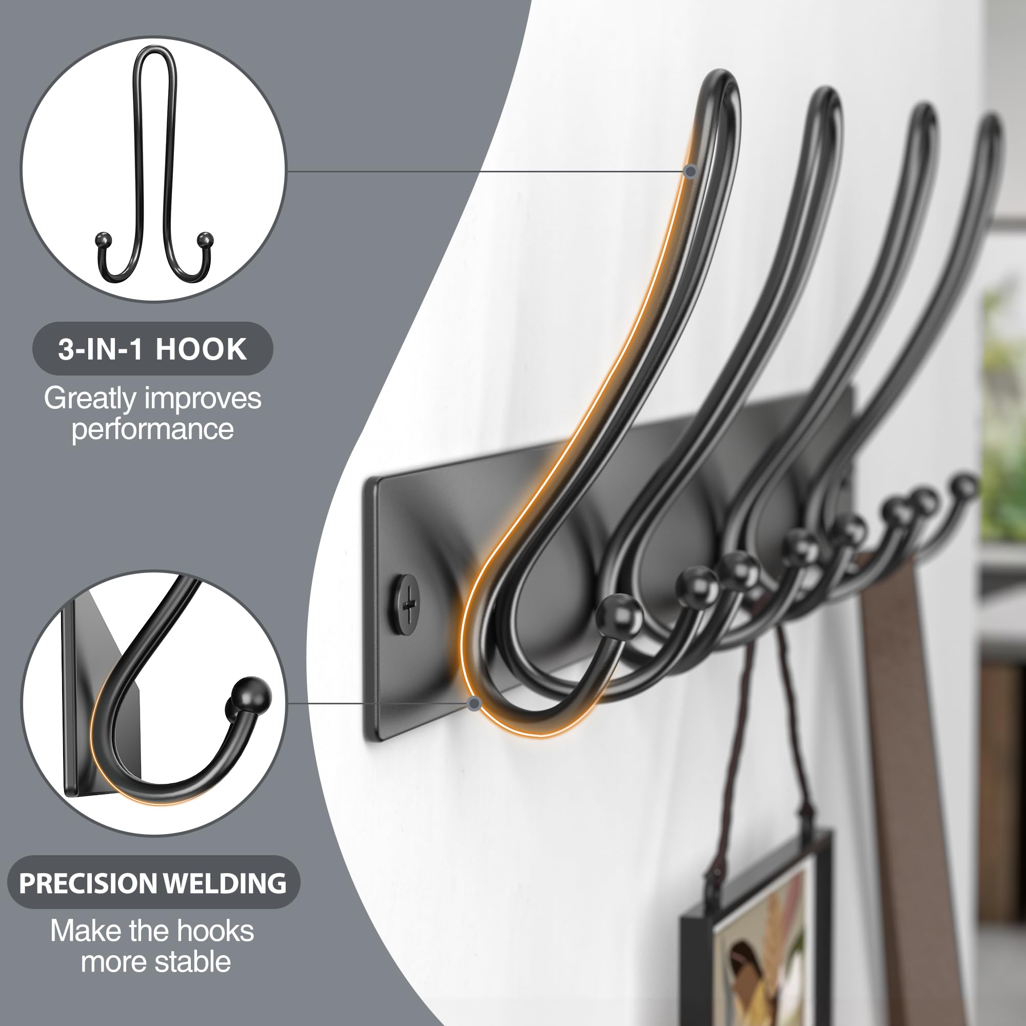 niffgaff Coat Rack Wall Mount - 4 Tri Coat Hooks Wall Mounted Hanging Coat, Jacket, Purse, Backpack, Clothes, Towel, Black Wall Hanger for Entryway, Bedroom, Bathroom, Living Room