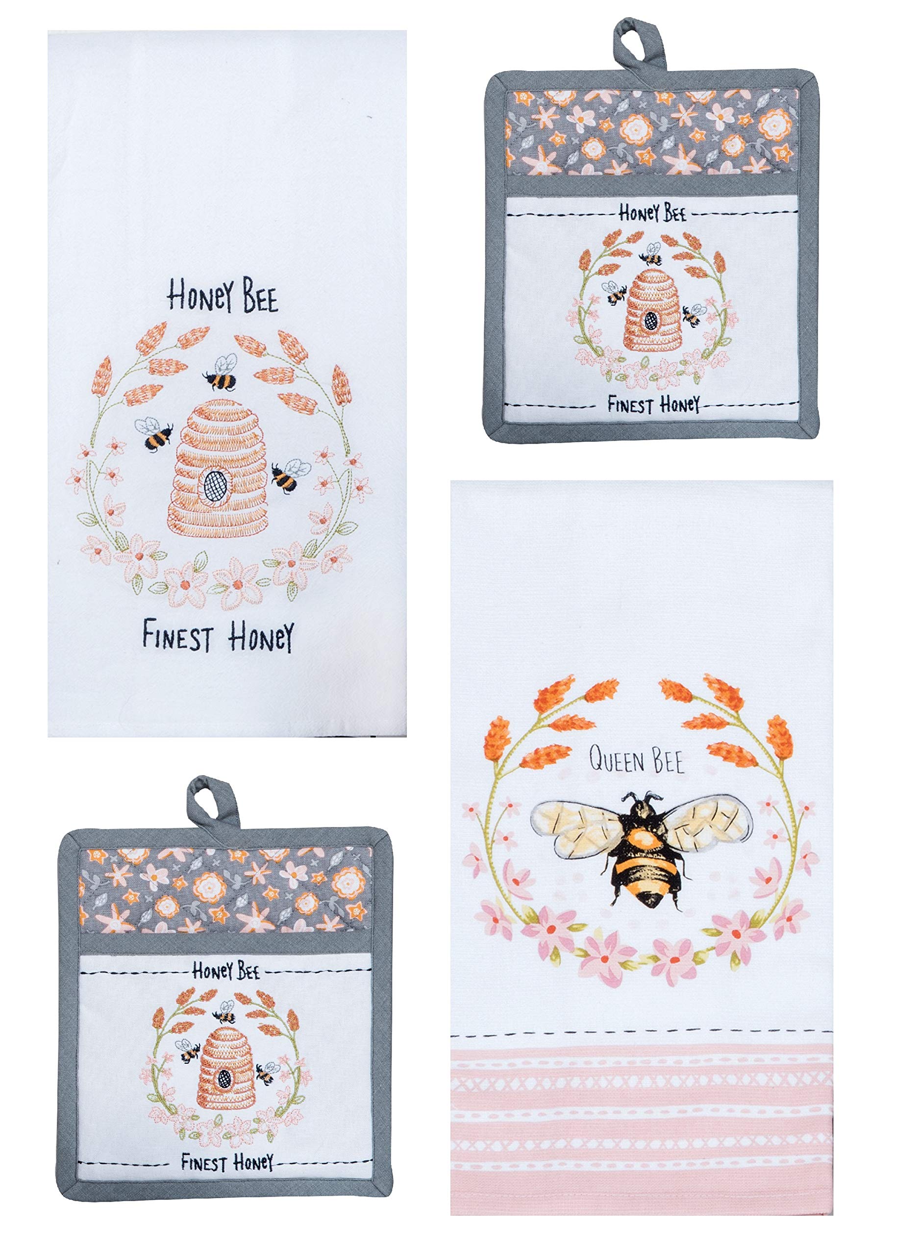 Kay Dee 4 Piece Honey Bee Pink and Gray Kitchen Towels Potholders Bundle
