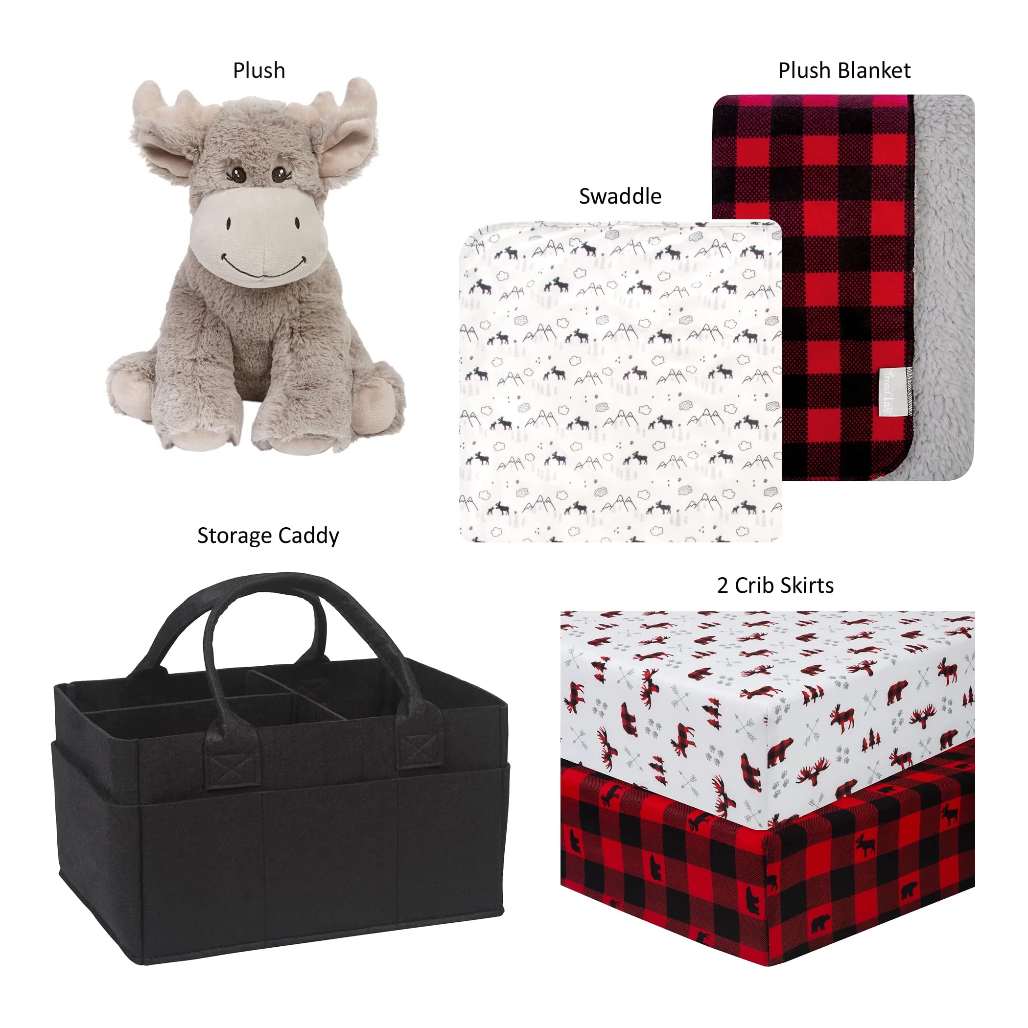 My Tiny Moments Buffalo Check Moose Nursery Bedding Essentials 6 Pc Gift Set-2 Microfiber Crib Sheets, Flannel and Faux Shearling Blanket, Swaddle and a Moose Plush, 1 Count