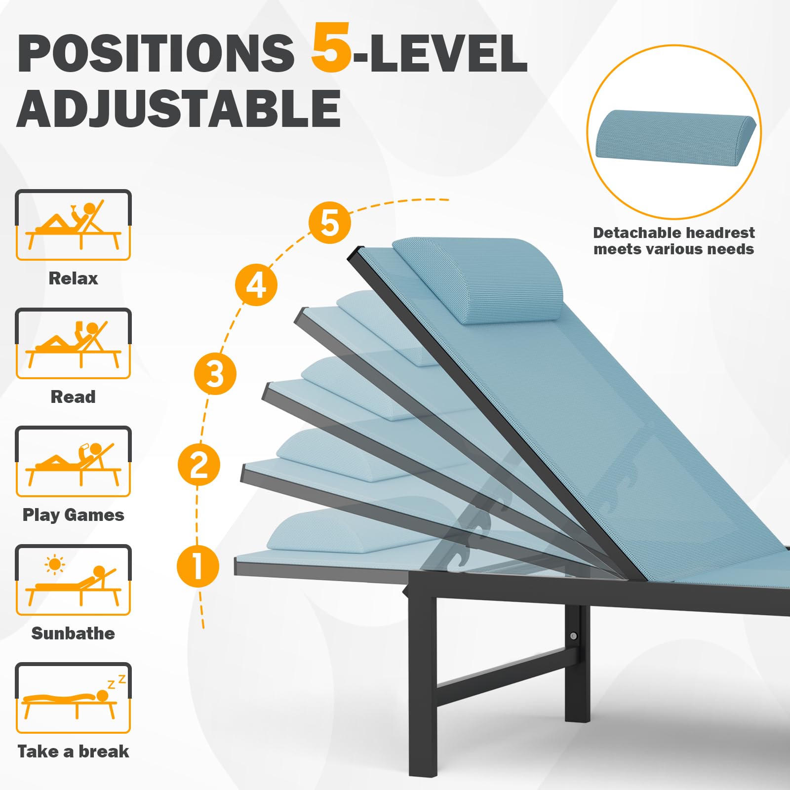 WOAJNQO Chaise Lounge Chair Outdoor,Aluminum Patio Lounge Chairs,Lounge Chairs with 5 Adjustable Backrest and Headrest Pillows for Outside Beach,Blue