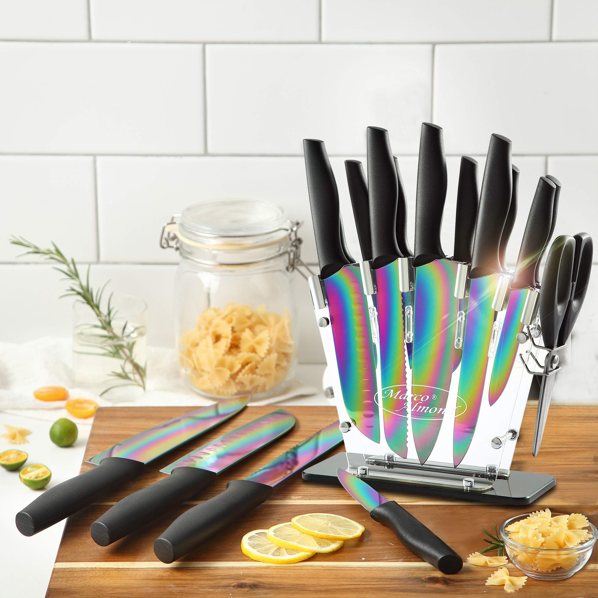 KYA35 14 PCS Rainbow Titanium Coating Cutlery Knives Block Set + KYA52B 7 PCS Stainless Steel Cooking Utensils Sets with Titanium Plated