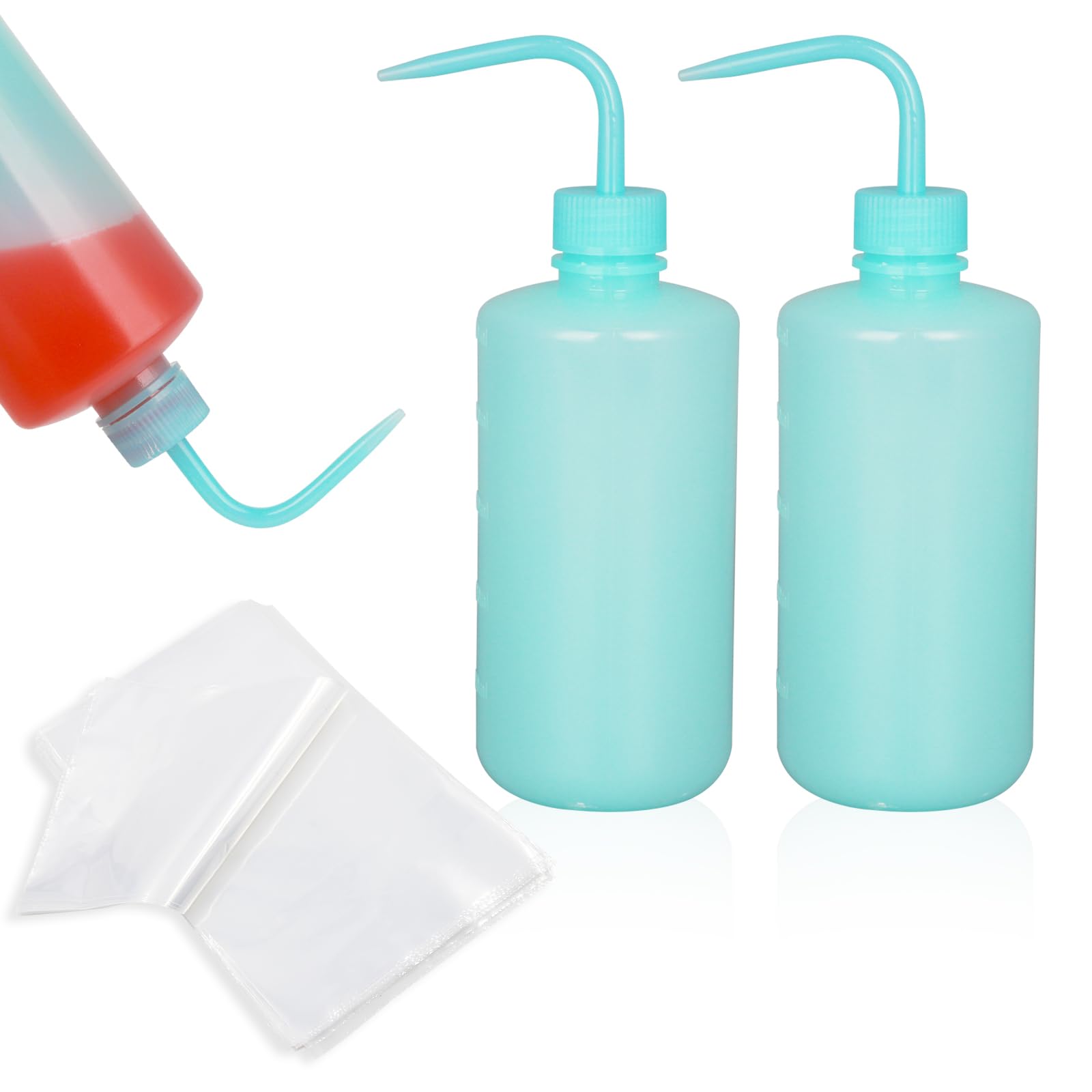 Romlon Plastic Wash Bottle and Squeeze Bottle Bags Kit Incliding 2Pcs 500ml/16oz Squeeze Bottles and 250Pcs Wash Bottle Bags Convenient Green Soap Supply Squeeze Bottle Graduated Bottle Watering Tool
