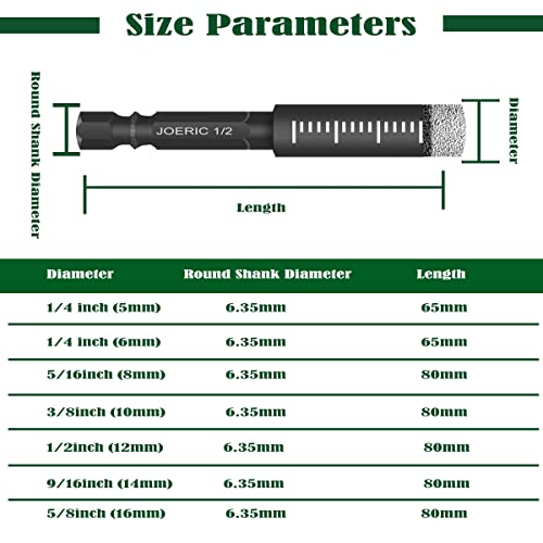 JOERIC 8 PCS Black Dry Diamond Drill Bits Set, Hex Shank Diamond Hole Saw Kit with Storage Bottle, for Granite Marble Tile Ceramic Stone Glass Hard Materials (Not for Wood) with Size 3/16'' to 9/16''