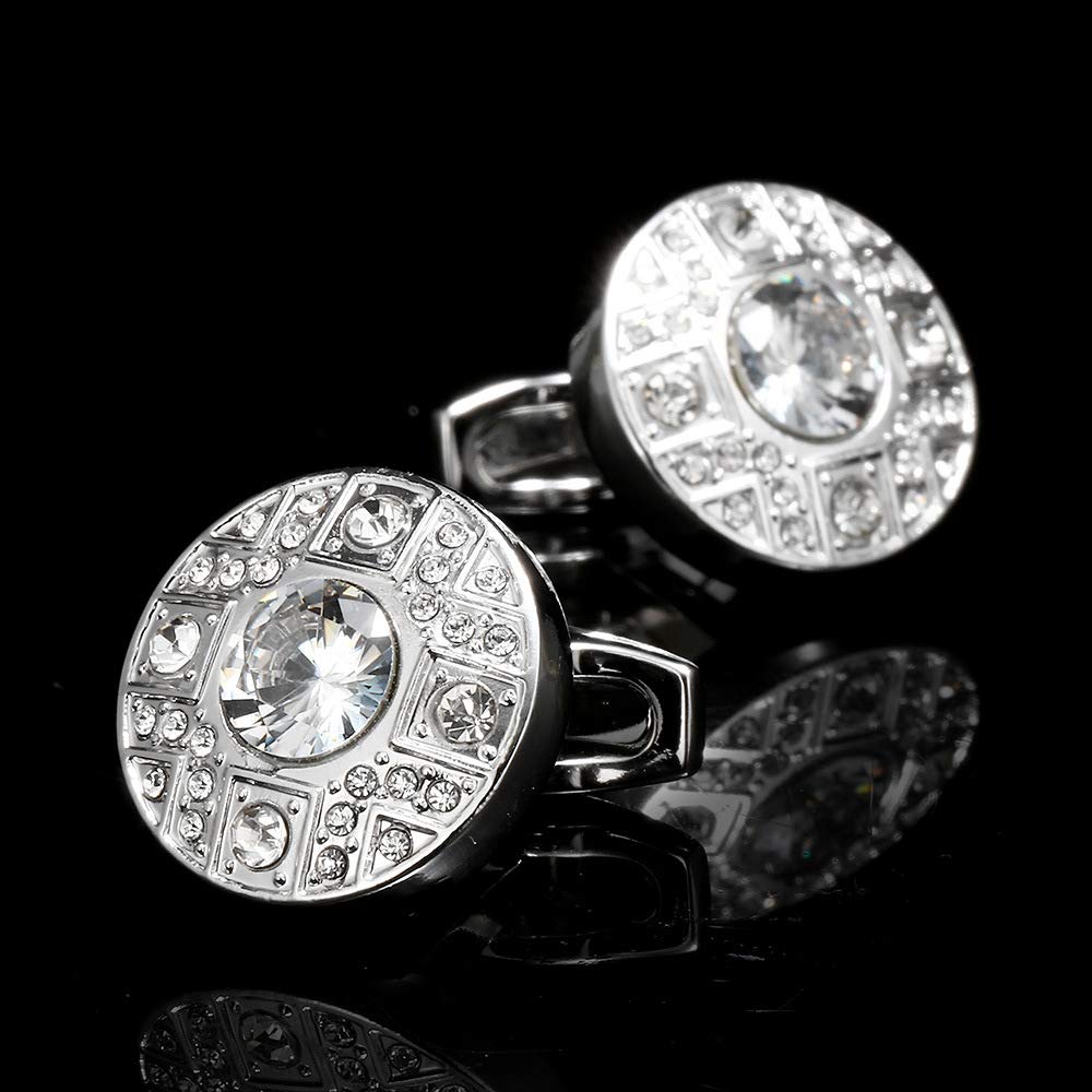 Men's Shirt Cufflinks Metallic Silver Cufflinks Flash Diamond Round French Shirt Sleeve Studs Cufflinks