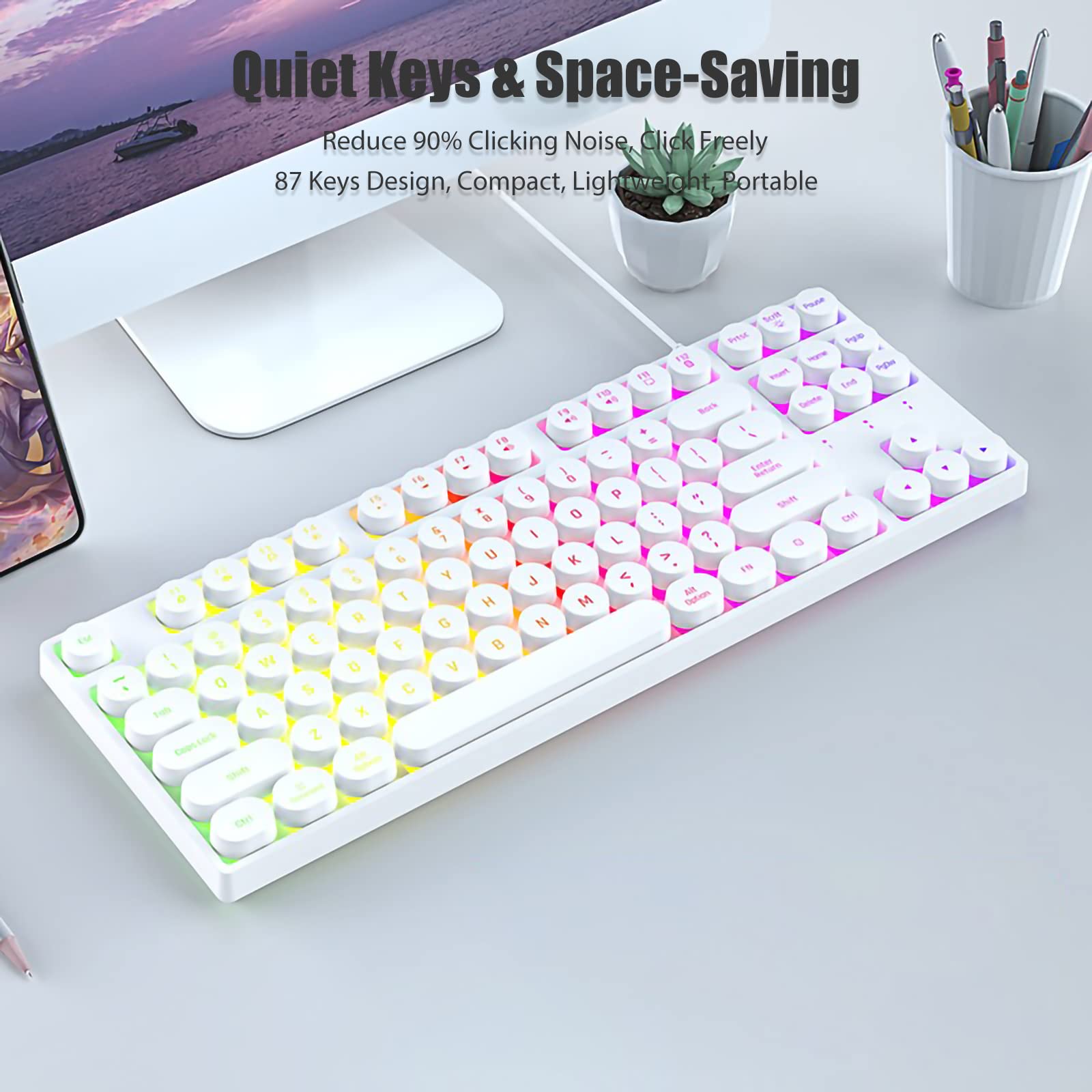 MYKYLIN Cheap Gaming Keyboard Rainbow LED Backlit Typewriter Round Keycap 87-Key Compact Portable Anti-Ghosting Quiet Silent Mechanical Feeling Waterproof Light Up Wired USB for PC/Mac/Laptop, White