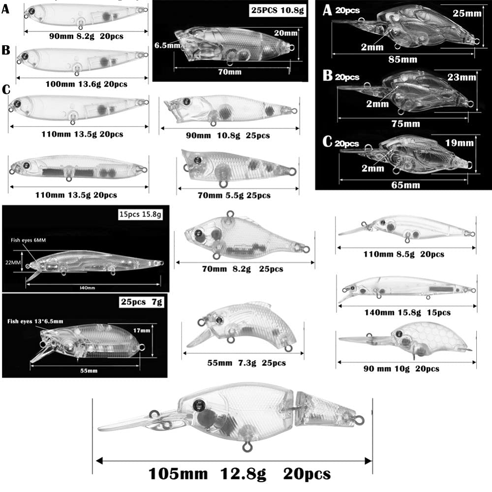 LHLLHL 20pcs/Set Unpainted Lures Fishing DIY Blank Clear Artificial Hard Plastic Pencil Baits 90mm 100mm 110mm with 5mm 3D Fish Eyes (Size : 110mm 13.5g)