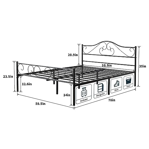 Queen Size Metal Platform Bed Frame with Headboard and Footboard, Heavy Duty, Heavy Duty Steel Slat Support, Storage Space Under Bed, Noise-Free for Boys Girls Teens Adults, No Box Spring Needed