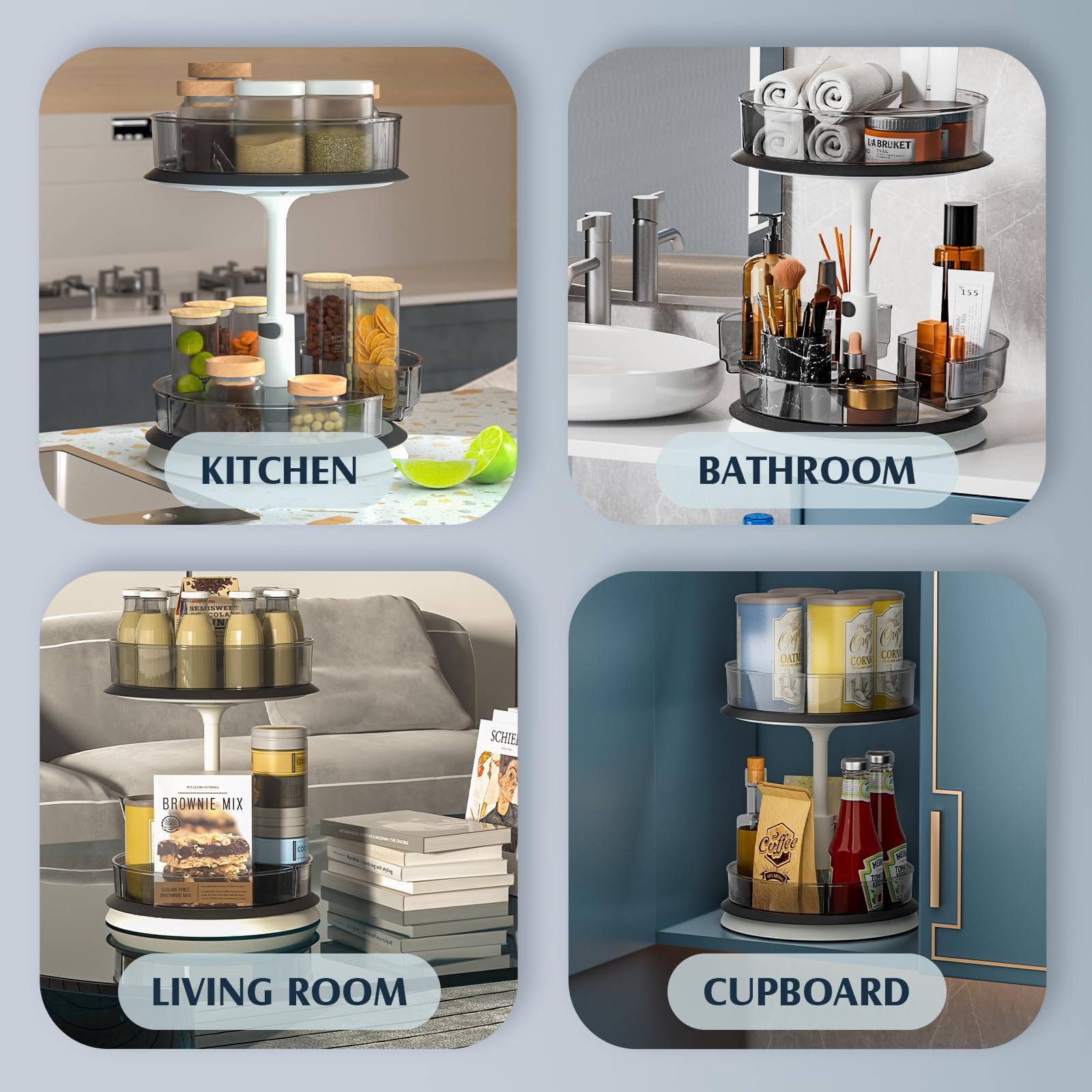 VERIFOST 2 Tier Lazy Susan Organizer, Height Adjustable Lazy Susan Turntable for Cabinet, Lazy Susan with 4 BPA Free Removable Clear Bins, 11 Inch Lazy Susan Spice Rack for Dining Table, Clear