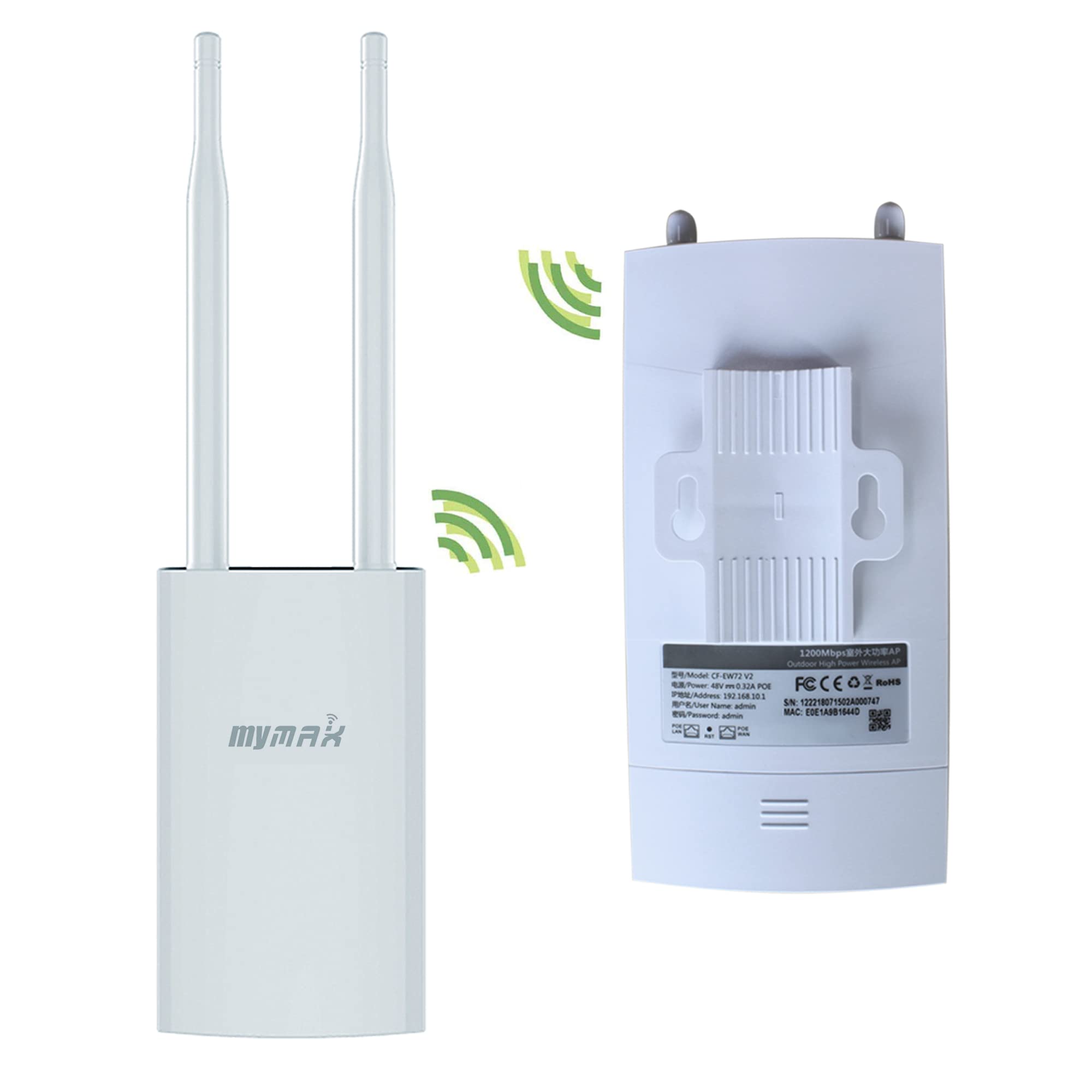 MyMAX EW72 AC1200 Long Range Outdoor WiFi Extender with 3 Chips & 2 Antennas, Dual Band 2.4+5.8GHz 1200Mbps Weatherproof Outside PoE Access Point (AP)/WiFi Booster Amplifier/Wireless Repeater/Router