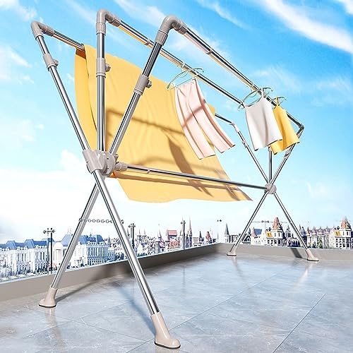 Retractable Heavy Duty Stainless Steel Laundry Drying Racks, Clothes Drying Racks Outdoor, Foldable Portable Space Saving Clothes Drying Rack, 3 Pole Drying Rack,With Sock Clip ( Color : Silver , Size