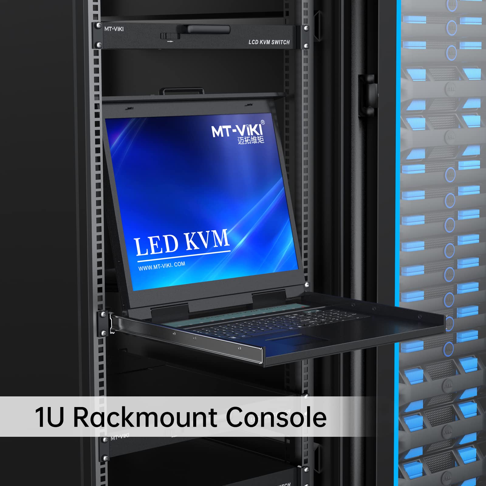 MT-VIKI 1U 19'' LCD KVM Console, 8 Port Rack Mount Monitor KVM VGA for 19'' Rack, 1280X1024@60Hz, Support OSD/Hotkey/Panel Switching, 8 Packs KVM Cable