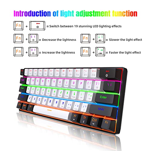 Mechanical Gaming Keyboard 61-Key Wired 60% Compact Green Switch Cool Lightweight Portable Black Bottom Case for Notebook PC All-in-One,White