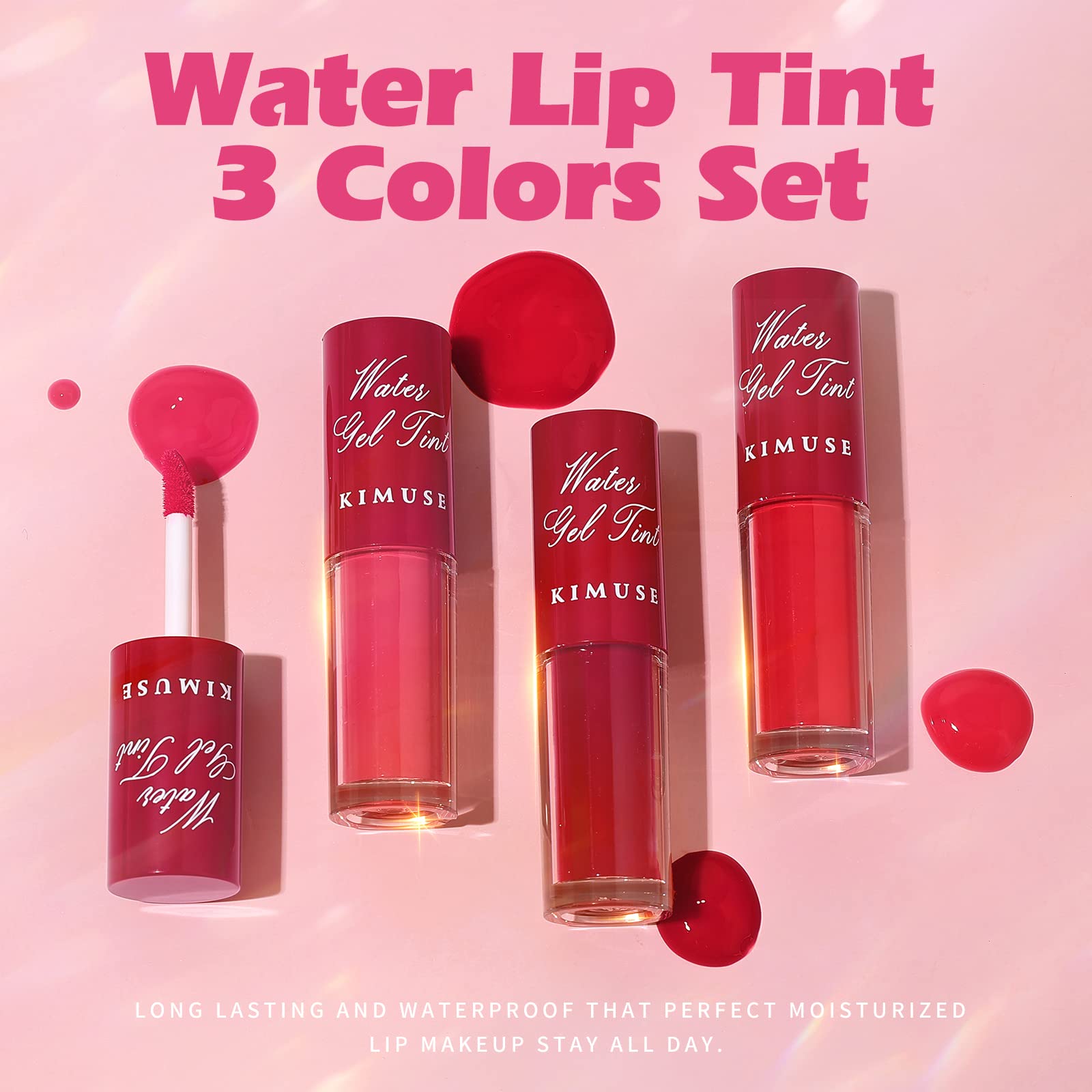 KIMUSE Water Lip Tint 3 Colors Set, Vivid High Pigment, Moisturizing & Non-sticky Finish Lip Stain, Long Lasting Lightweight Lip Tints, 0.4 fl.oz, 12g