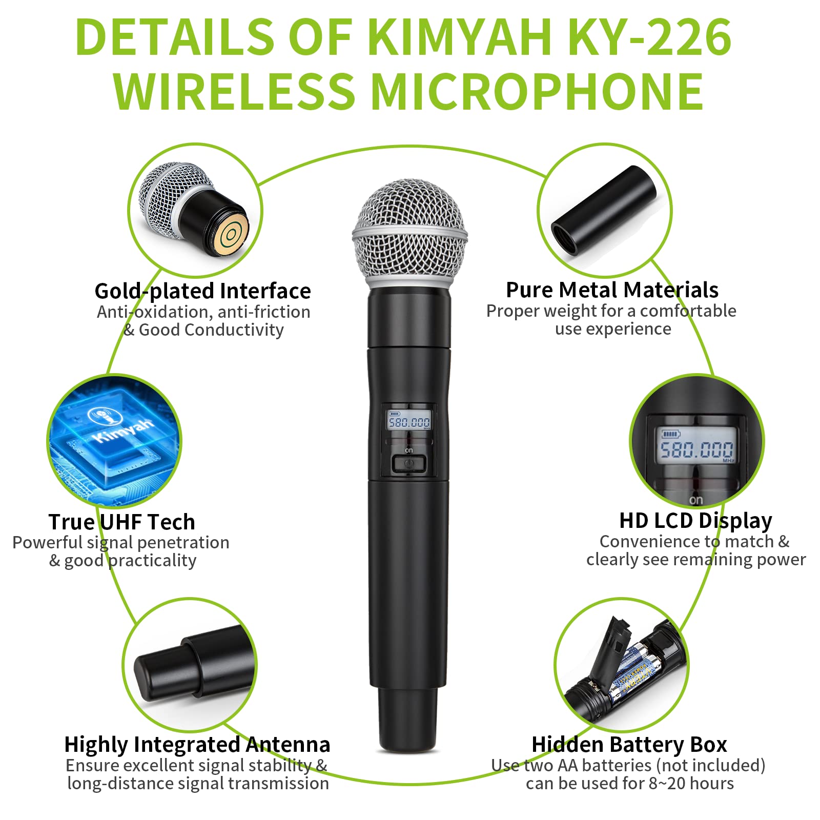 Kimyah True Diversity 492ft Wireless Handheld Microphone System, 100 Channels UHF Cordless Microphone for singing, Auto IR Connect Microphone Wireless & System Suitable for Church, Wedding,DJ, Karaoke