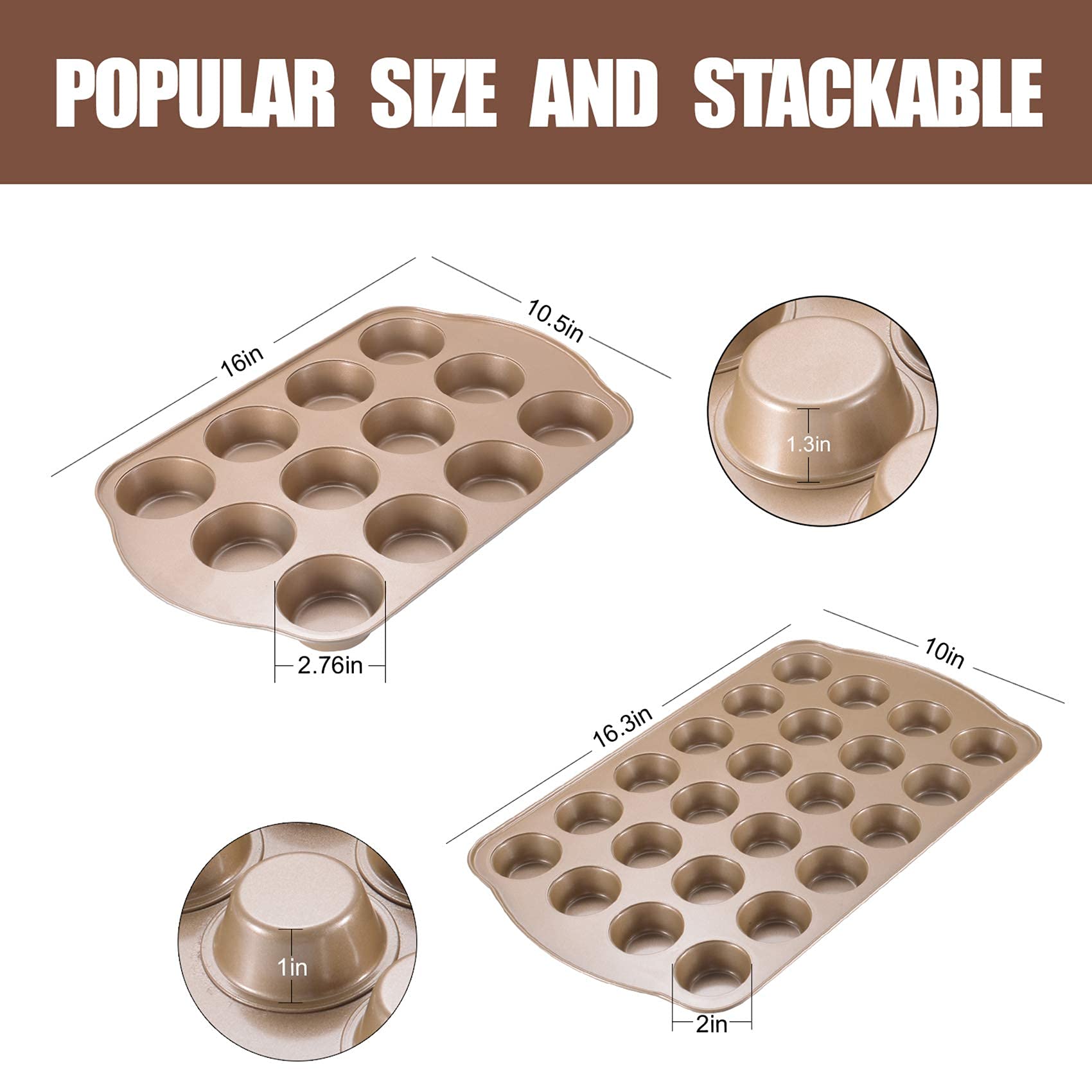Joho Baking Nonstick Muffin Pan, Mini Cupcake Pan Set, Muffin Tins for Baking, 2 Pack, 12-Cup and 24-Cup, Gold