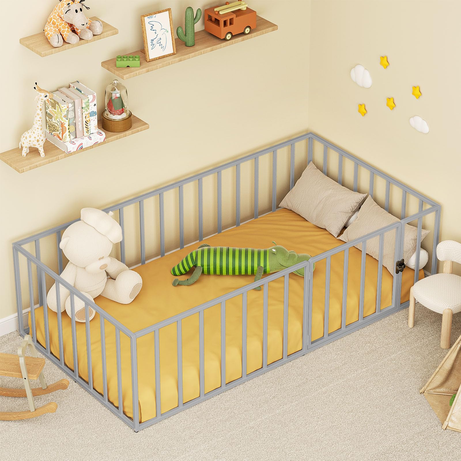 ROOMTEC Montessori Twin Floor Bed Frame Metal 77×41×21 with Fence and Door Easy Assembly for Bedroom Playroom