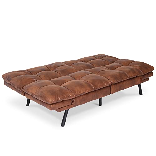 Opoiar Mid-Century Modern Brown Leather Convertible Sectional Loveseat Sofa with Wooden Frame, 3" Memory Foam Cushions, Perfect for Small Spaces / 71", Twin