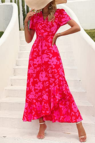 PRETTYGARDEN Women's Summer Wrap Maxi Dress Casual Boho Floral V Neck Short Sleeve Ruffle Hem Split Beach Long Dresses (Red Floral,X-Large)