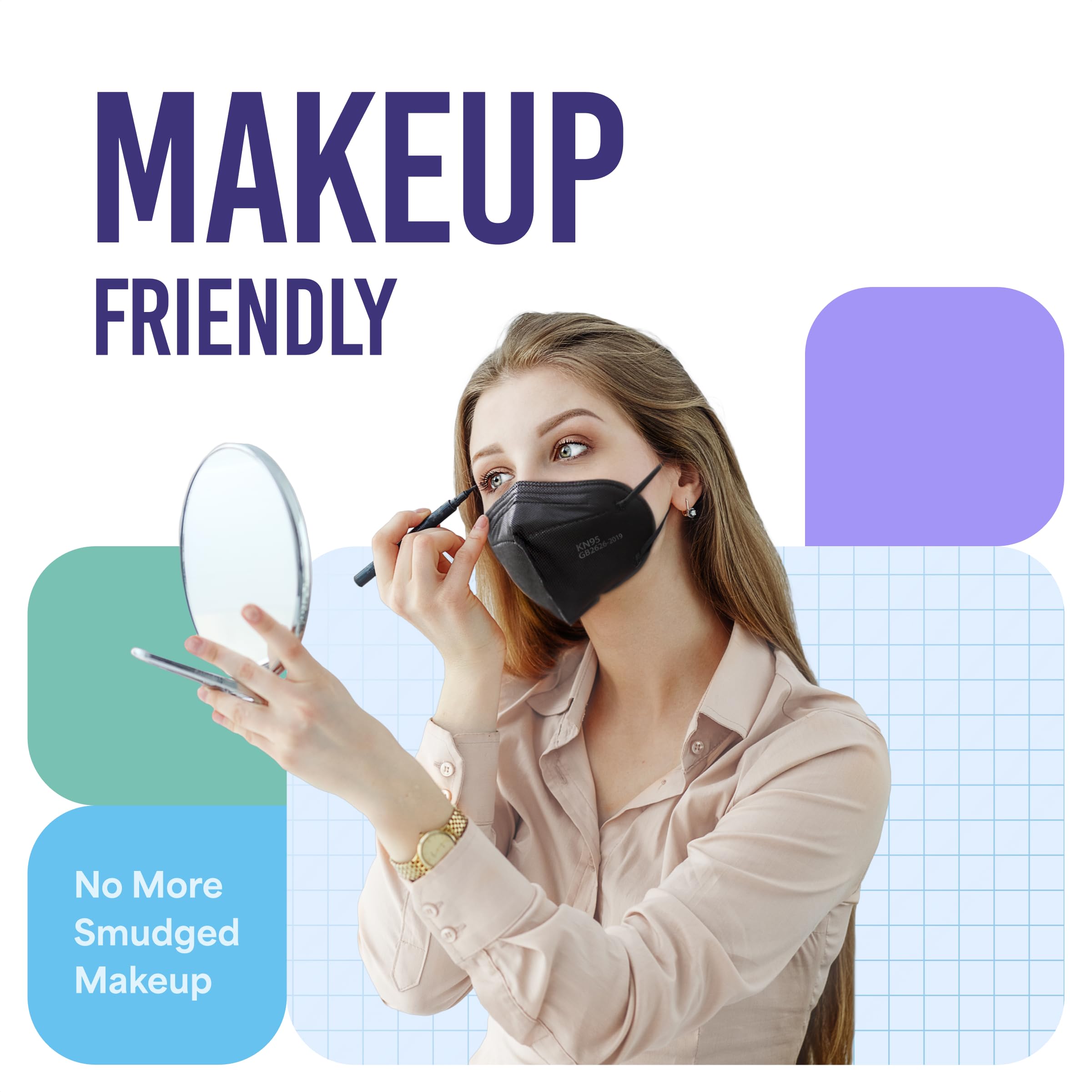 Medtecs KN95 Face Masks Disposable - Individually Wrapped, 5 Ply Protection & Extra Wide Elastic Ear Loops Design, ≧ 95% Filtration Efficiency | Mask Extender included, 50 PC - Black