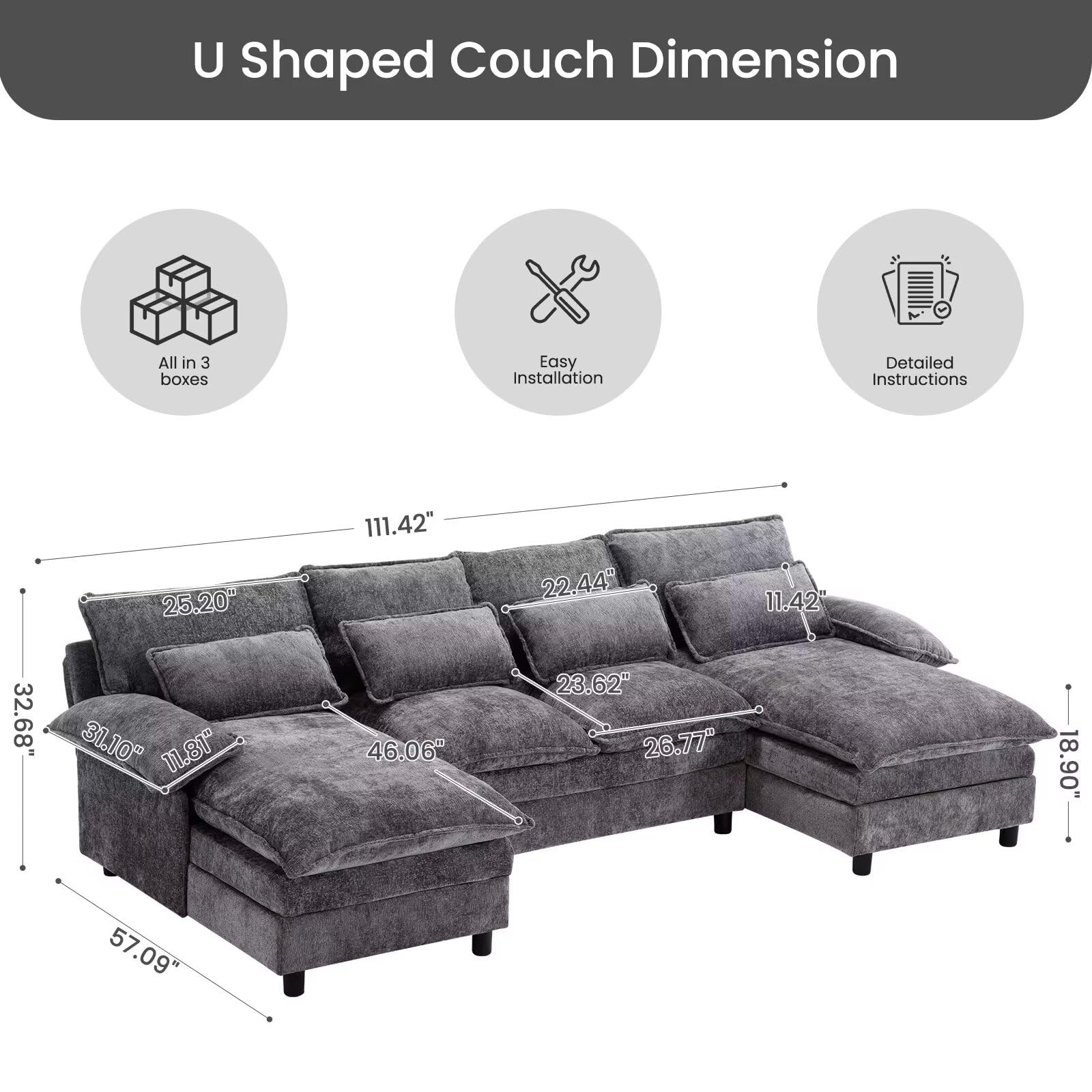 Siiejia U Shape Cloud Couch, 4 Seats Comfy Sectional Sofas Couches for Living Room, Modular Chenille Sofa with Double Reversible Chaise for Apartment Spacious Space, Grey