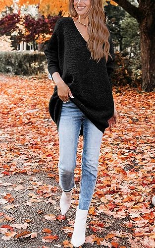 PRETTYGARDEN Women's Pullover Sweater Dress Casual Long Sleeve Ribbed Knit V Neck Loose Oversized Sweaters Dresses (Black,Large)