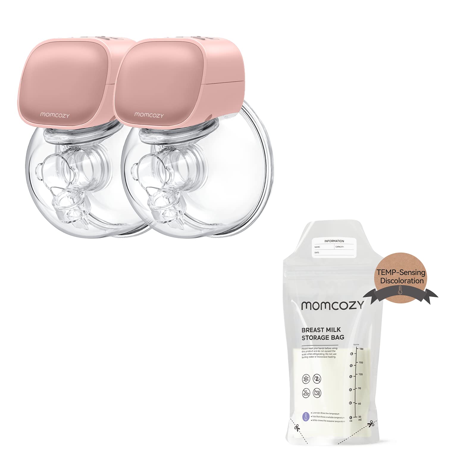 Momcozy Breastmilk Storing Bags with Temp-Sensing 120pcs & Double Wearable Breast Pump, 24mm Pink