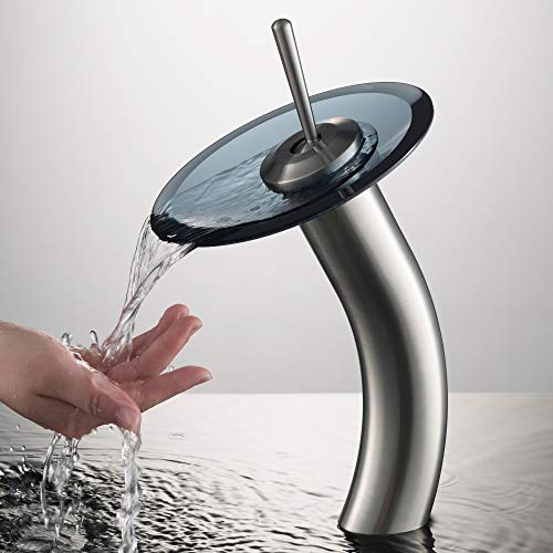 Single Lever Vessel Glass Waterfall Bathroom Faucet Satin Nickel with Black Clear Glass Disk and Matching Pop Up Drain