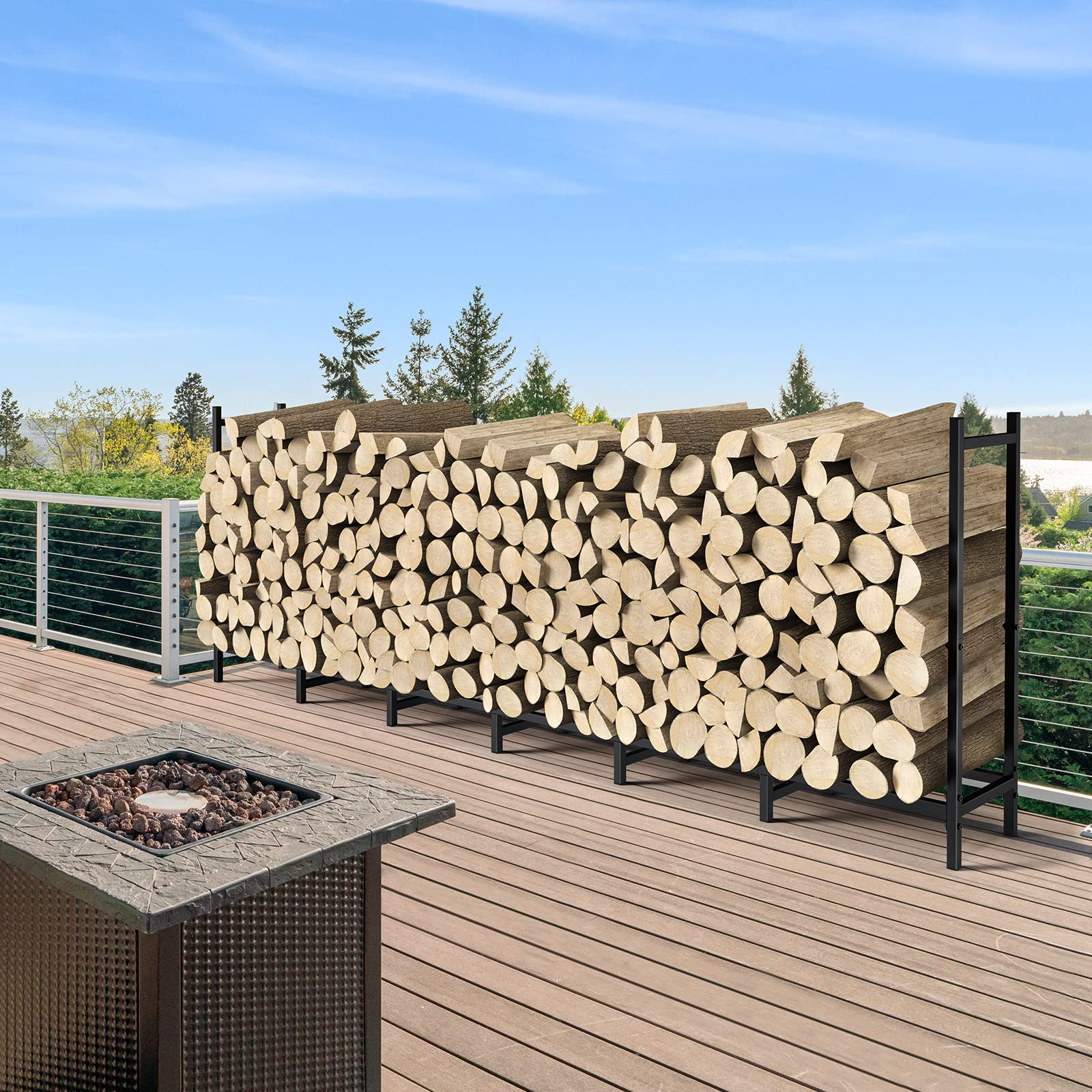NANANARDOSO 8ft Outdoor Firewood Rack Holder for Fireplace Wood Storage, Adjustable Fire Log Stacker Stand, Heavy Duty Logs Stand Stacker Holder for Fireplace Metal Lumber Storage Carrier Organizer