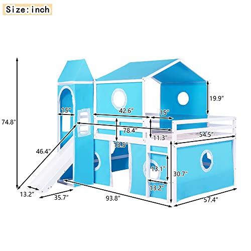 RORIGAT Castle Full Size Bunk Bed,Solid Wood Low Loft Bed Frame with Windows Slide, Tent and Tower,Bunk Bed for Kids Bedroom,Blue