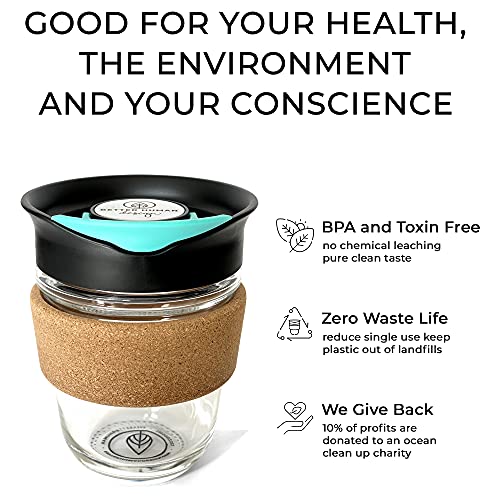 Reusable Glass Cup + Stainless steel Tea Infuser & Twist on Lid - Microwavable Travel Coffee Mug - Cork Sleeve - 18oz Portable Cold Brew maker - Loose Leaf Diffuser + Brewing Tumbler togo